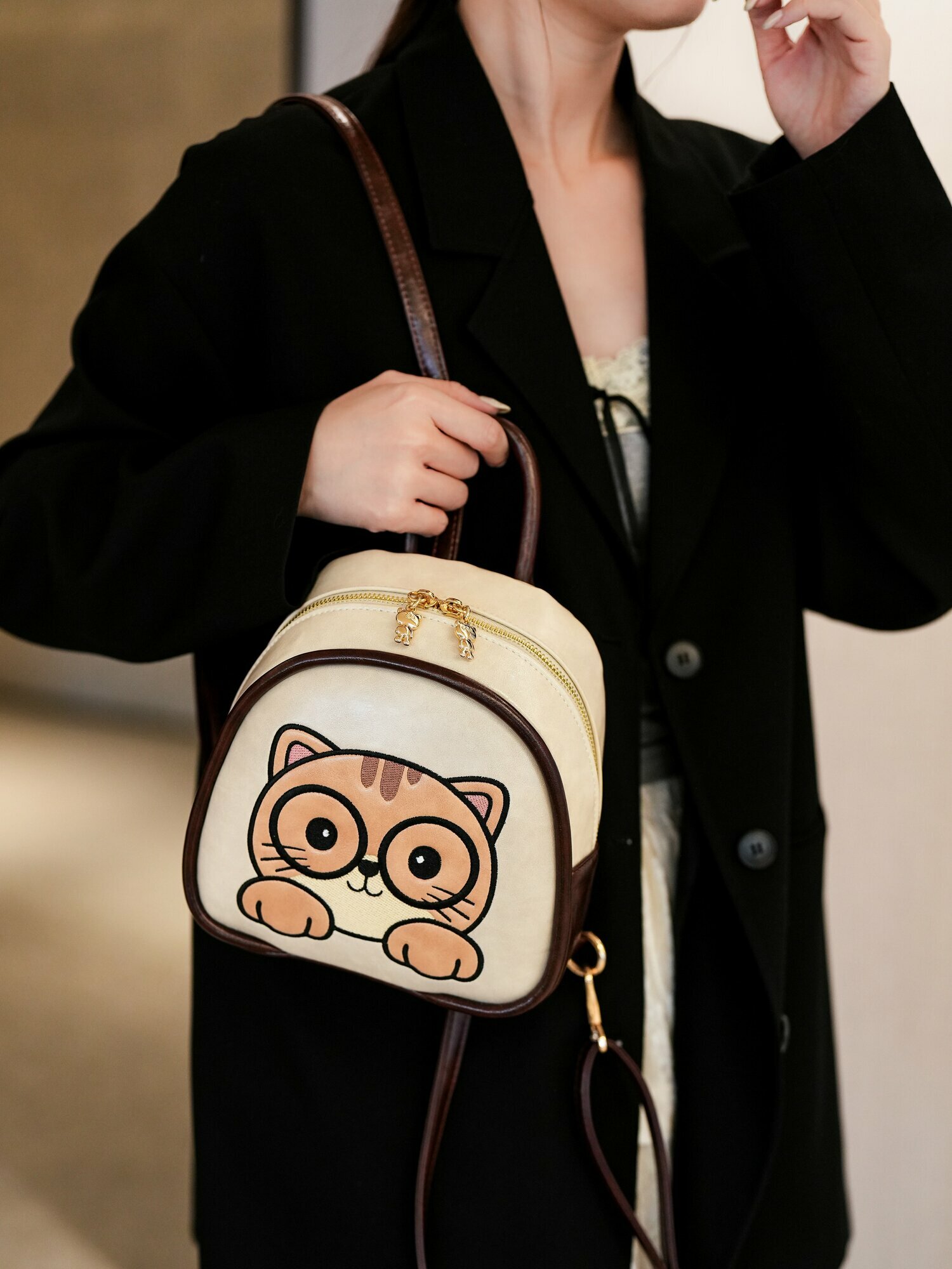 Рюкзак винтажный Beibaobao молочный с кошкой мини y2k городской