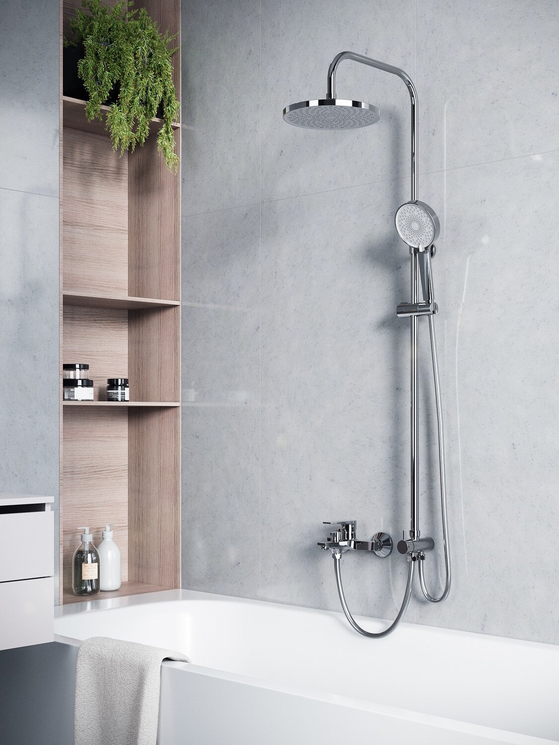 ESKO. Душевая система с верхним тропическим душем, душевая стойка, лейка, шланг. Для смесителя, для ванны, для душа