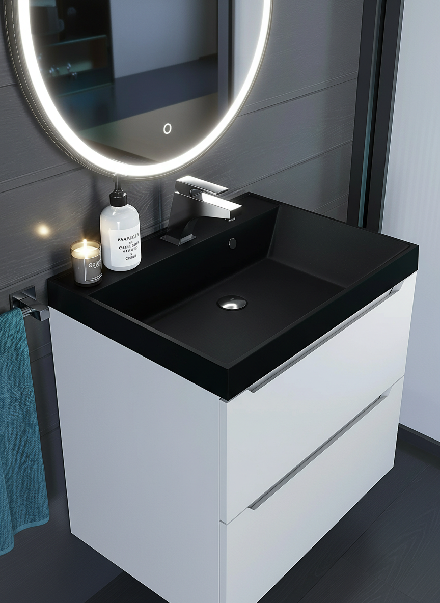 Раковина кварцевая для ванной комнаты Uperwood Classic Quartz 60 см, черная матовая, космос