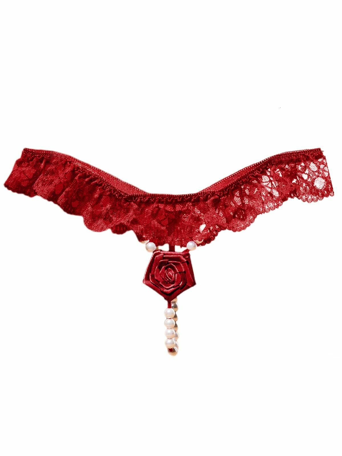 Женские трусики стринги с розами и жемчугом, Бургундский - Один размер подходит всем