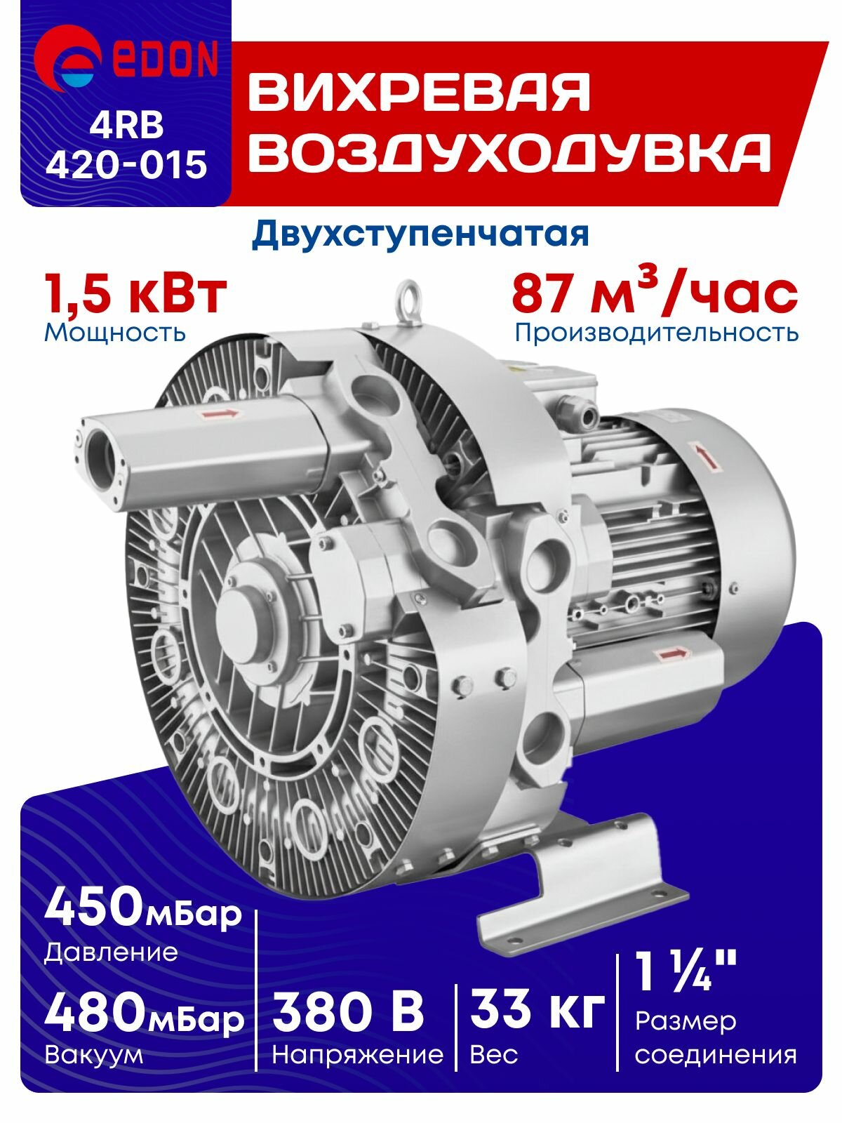 Двухступенчатая вихревая турбо воздуходувка компрессор с двумя рабочими колесами 4RB 420-015