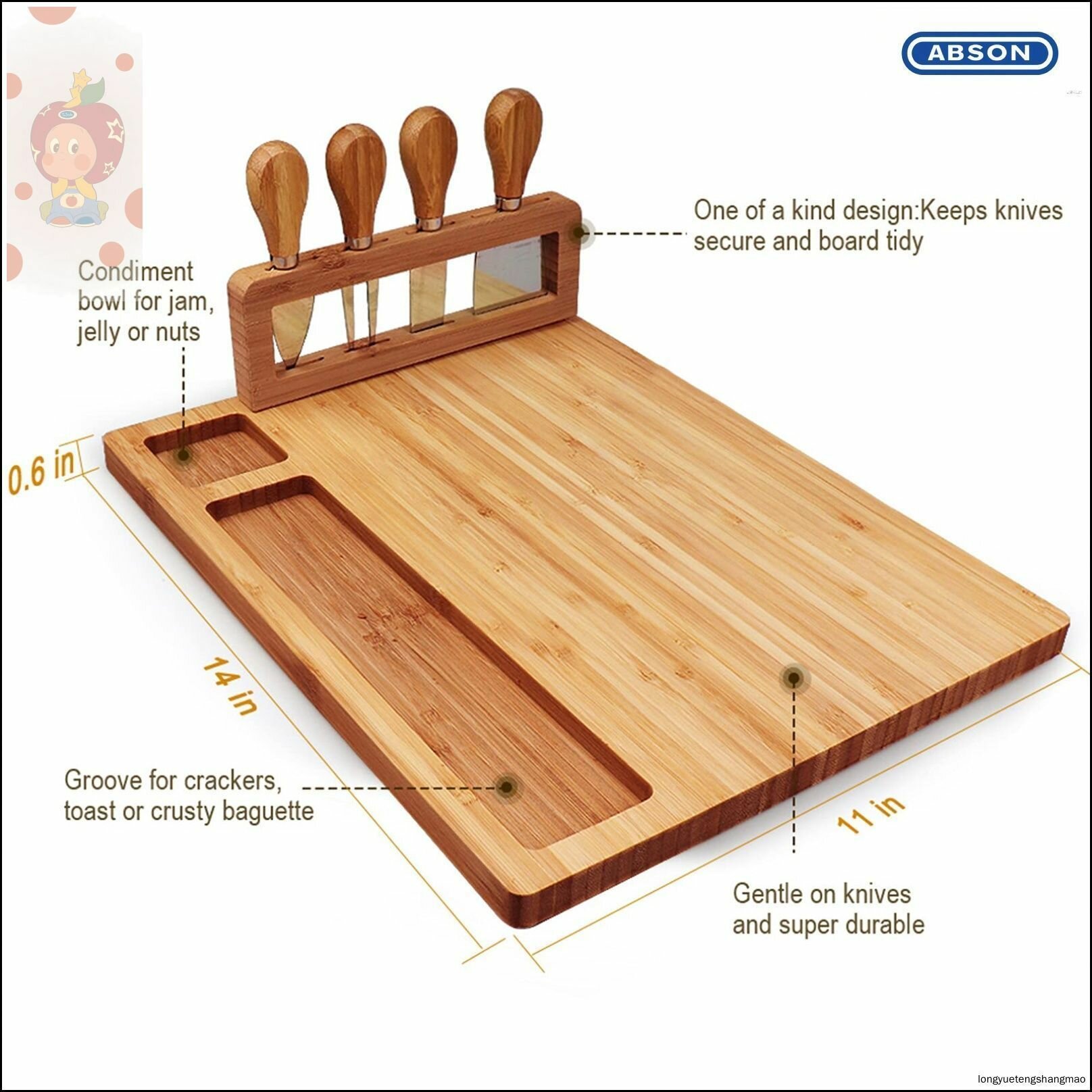 Эксклюзивная бамбуковая менажница для сыра 35.5x28 см с комплектом из 4 ножей