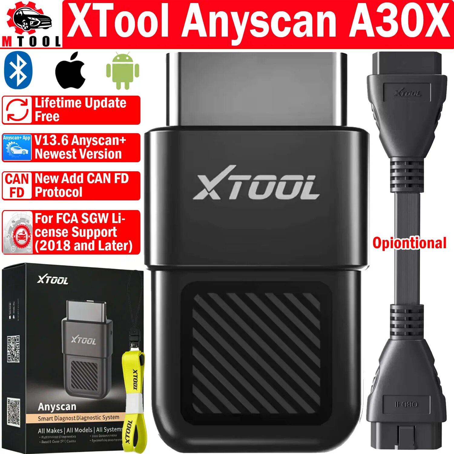 Диагностический инструмент для автомобилей XTOOL A30X с Bluetooth, 26+ функций сброса кодов неисправностей, считыватель кодов SGW для FCA с безопасным доступом через Secure Gateway, аналог A30M