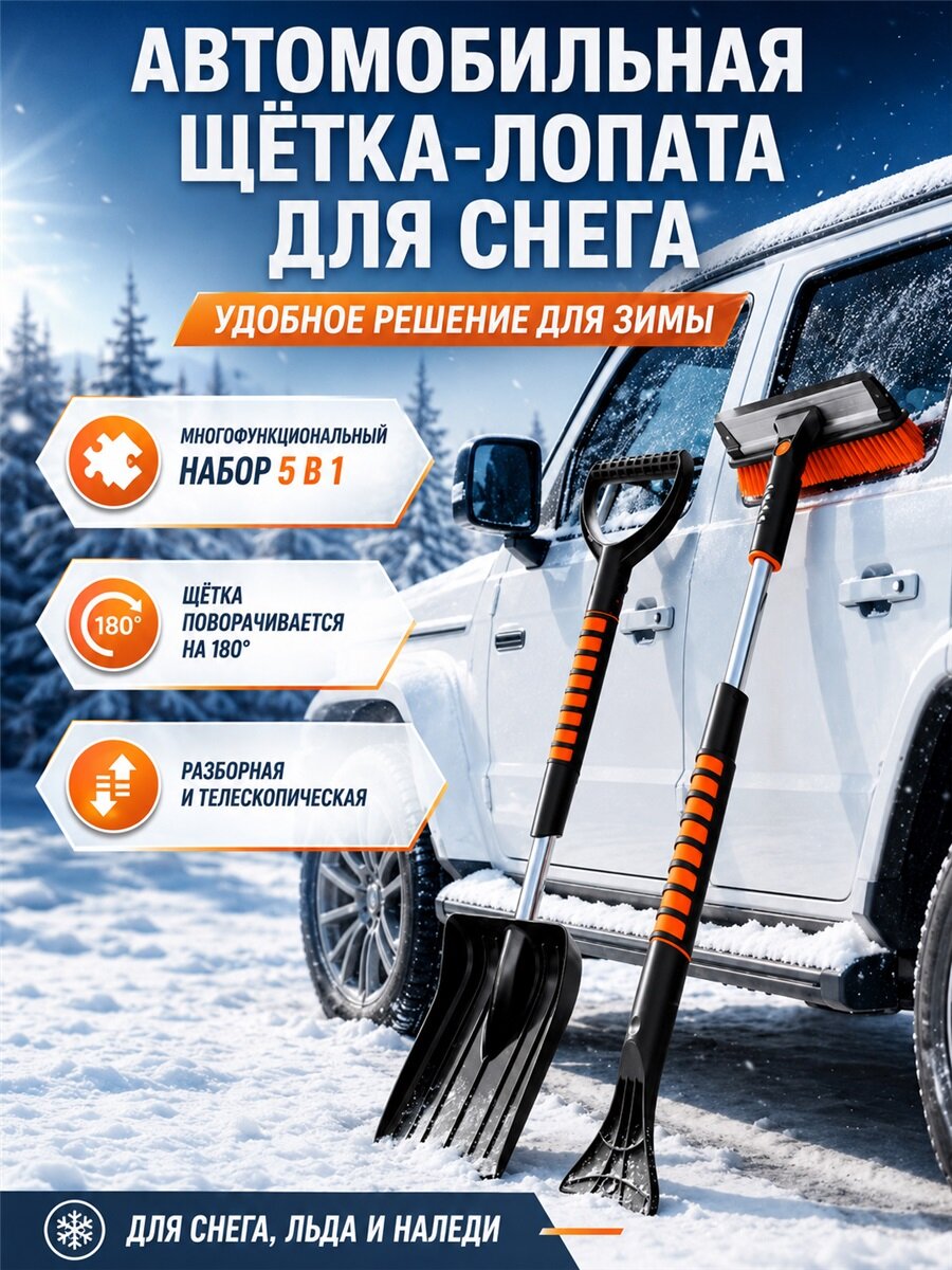 Автомобильная щётка‑лопата для снега 5‑в‑1, разборная телескопическая, щётка 180 градусов, очистка кузова и стёкол от снега, льда и наледи зимой