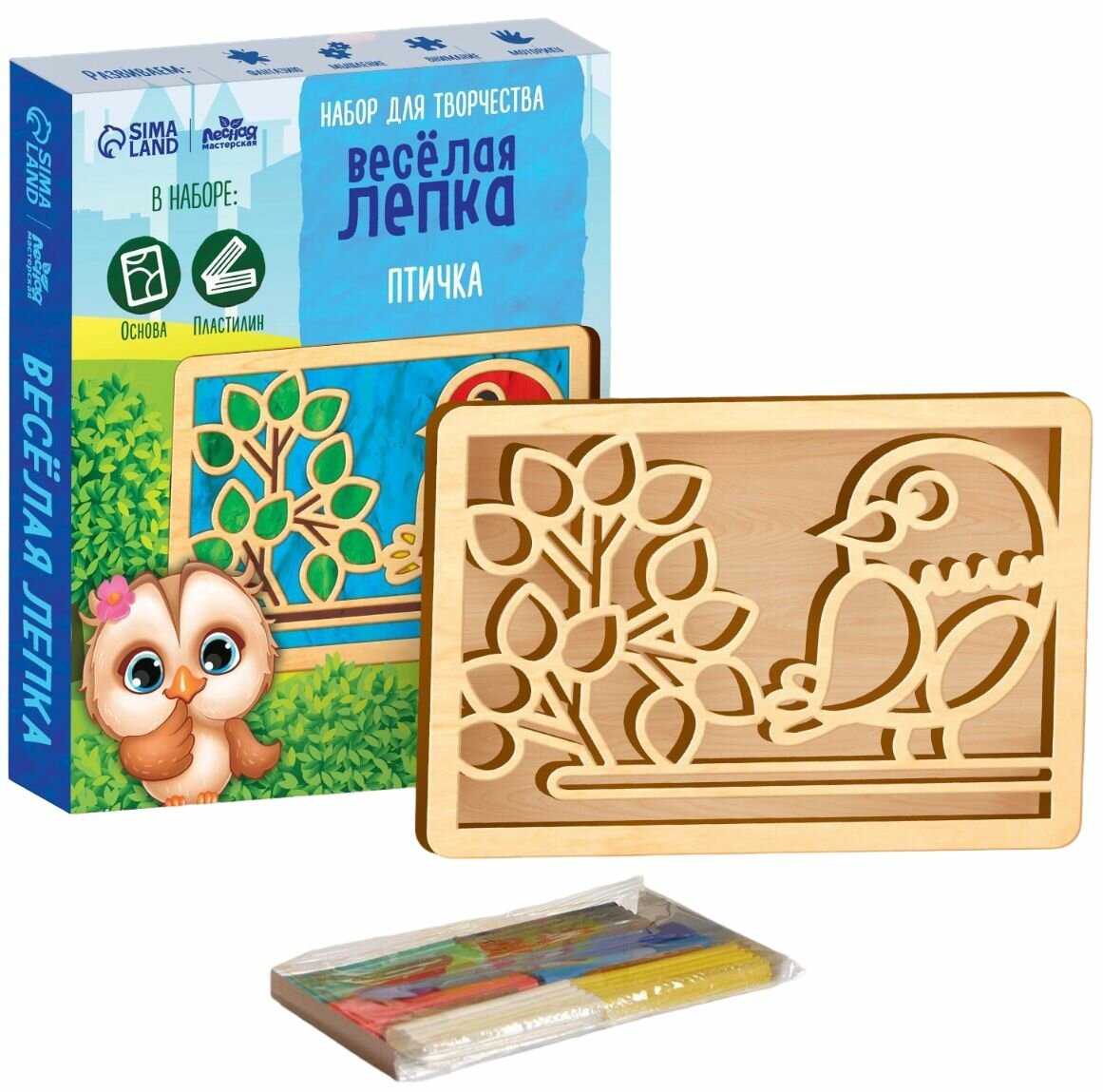 Пластилиновые картинки "Птица", заготовка для детского творчества, в наборе для лепки: деревянная основа + 6 цветов пластилина