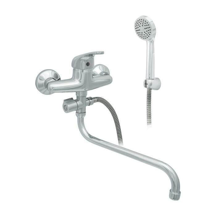 Смеситель для ванны с душем одноручный круглый излив, душевой шланг н/ж сталь, хромированная пластиковая лейка и кронштейн Стройка ЦС-СМ 300/1-4 D35 М-42 Центр Сантехники (Подольск) СТ300101