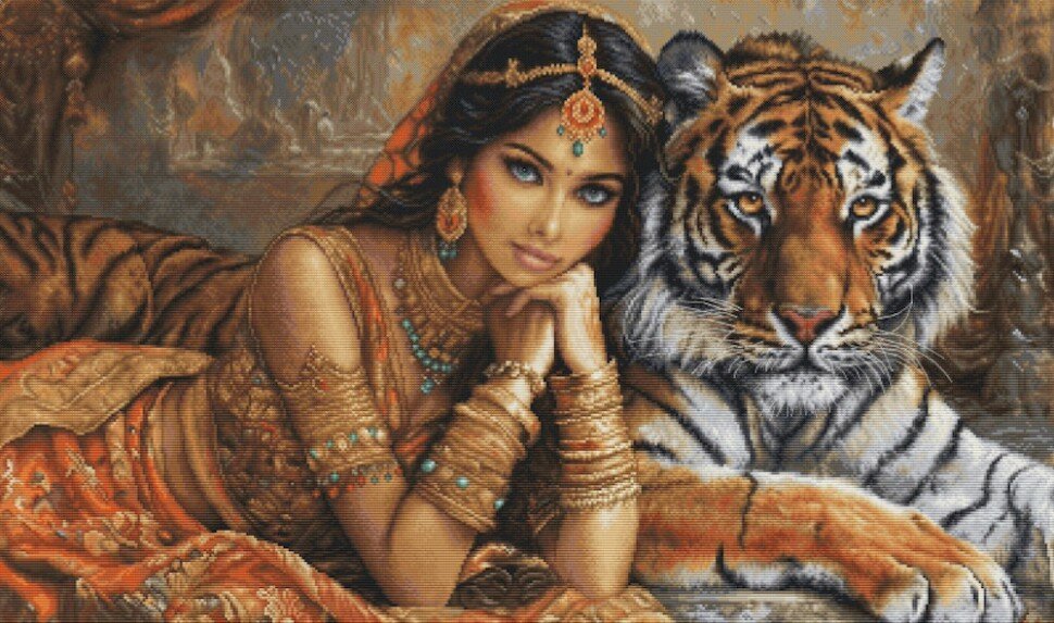 Набор для вышивания Luca-S #BU5060 Индийская принцесса и Королевский тигр, Счетный крест, 63.5 x 38 см