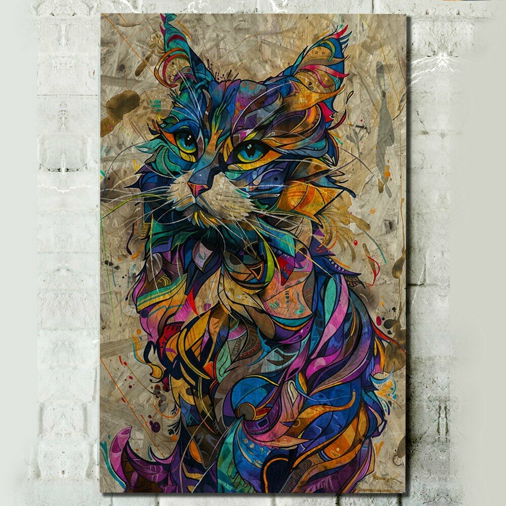 Картина интерьерная на рельефной доске красочный кот (животные, абстракци) - 15600 В