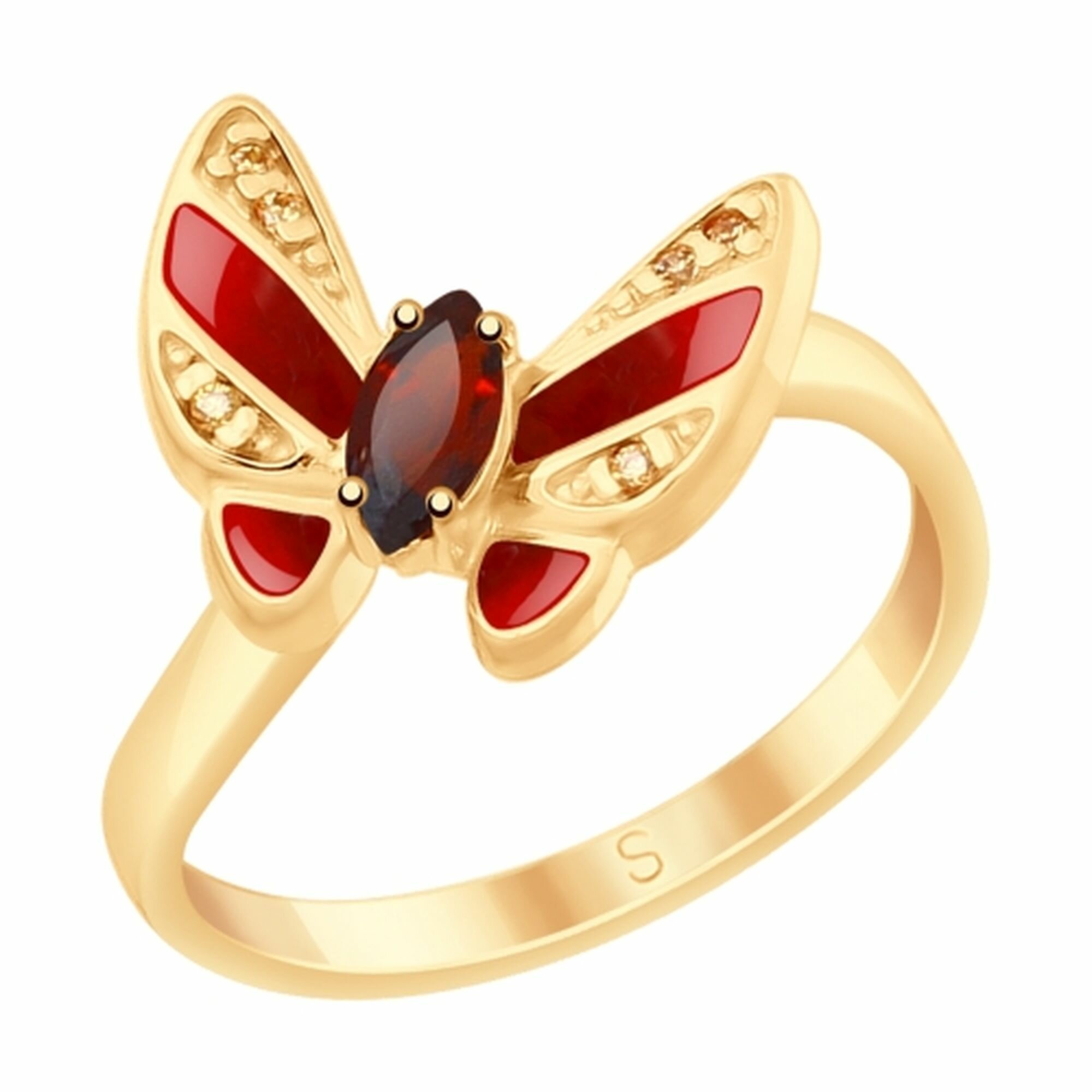 Кольцо, серебро, 925 проба, золочение, гранат, фианит, эмаль