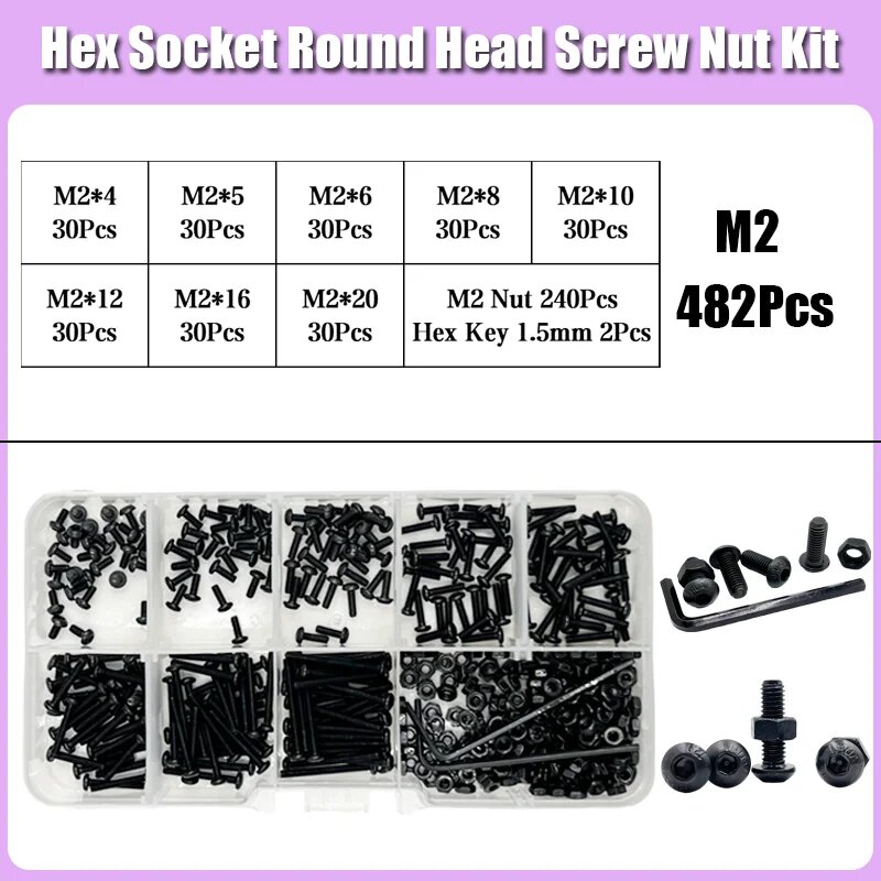 Набор винтов и гаек M2 M3 M4 M5 M6 из углеродистой стали M2 (482pcs)