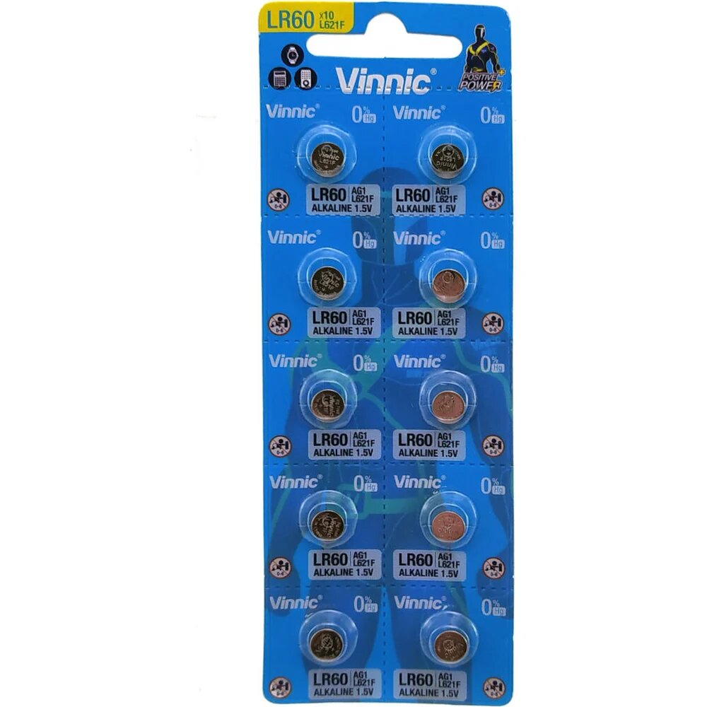 Алкалиновые щелочные батарейки VINNIC L621 (AG1, 364) бл/10 4898338007275