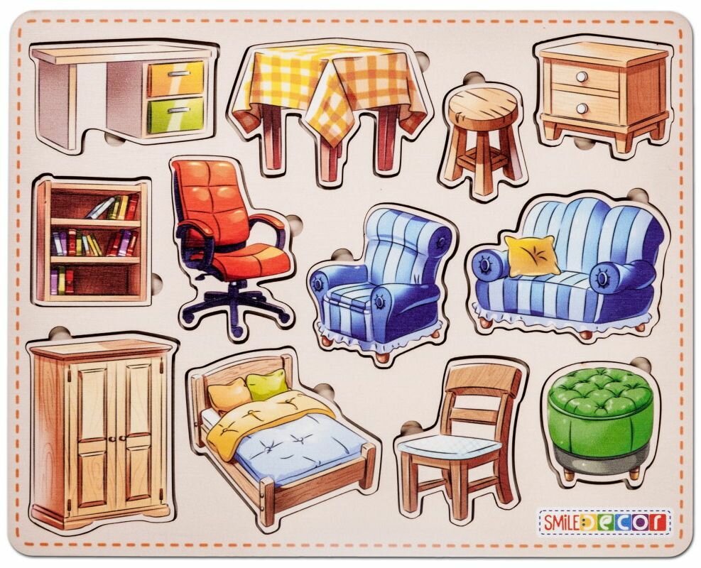 Деревянная рамка-вкладыш Smile Decor "Мебель", развивающий пазл-головоломка для детей, развитие мелкой моторики и логики