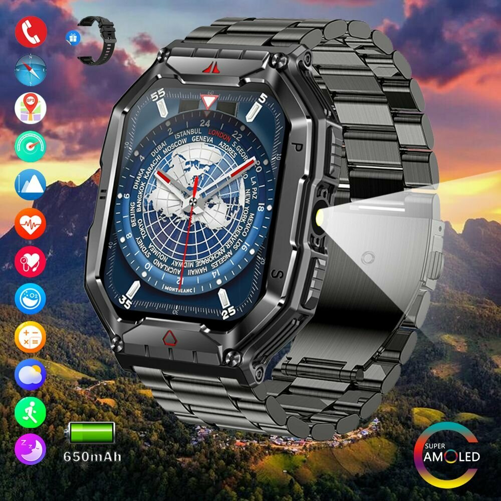 Умные часы для мужчин с GPS-компасом,2.1, черный