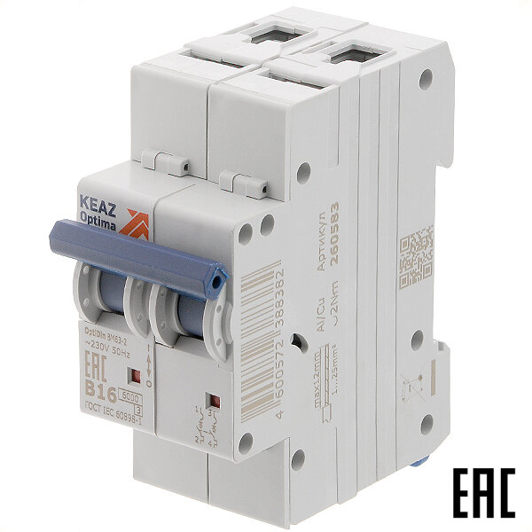 Автоматический выключатель на Din-рейку OptiDin ВМ-63-2B16 16А/2п/ 6кА 260583 КЭАЗ