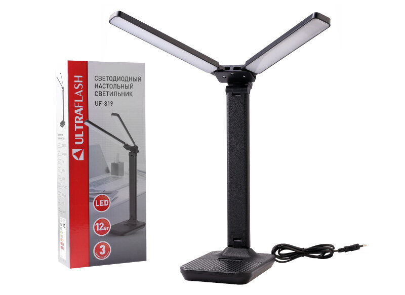 Светильник настольный Ultraflash UF-819 черный, Led, 12Вт, 6000К, 3уровня яркости, 2 плафона