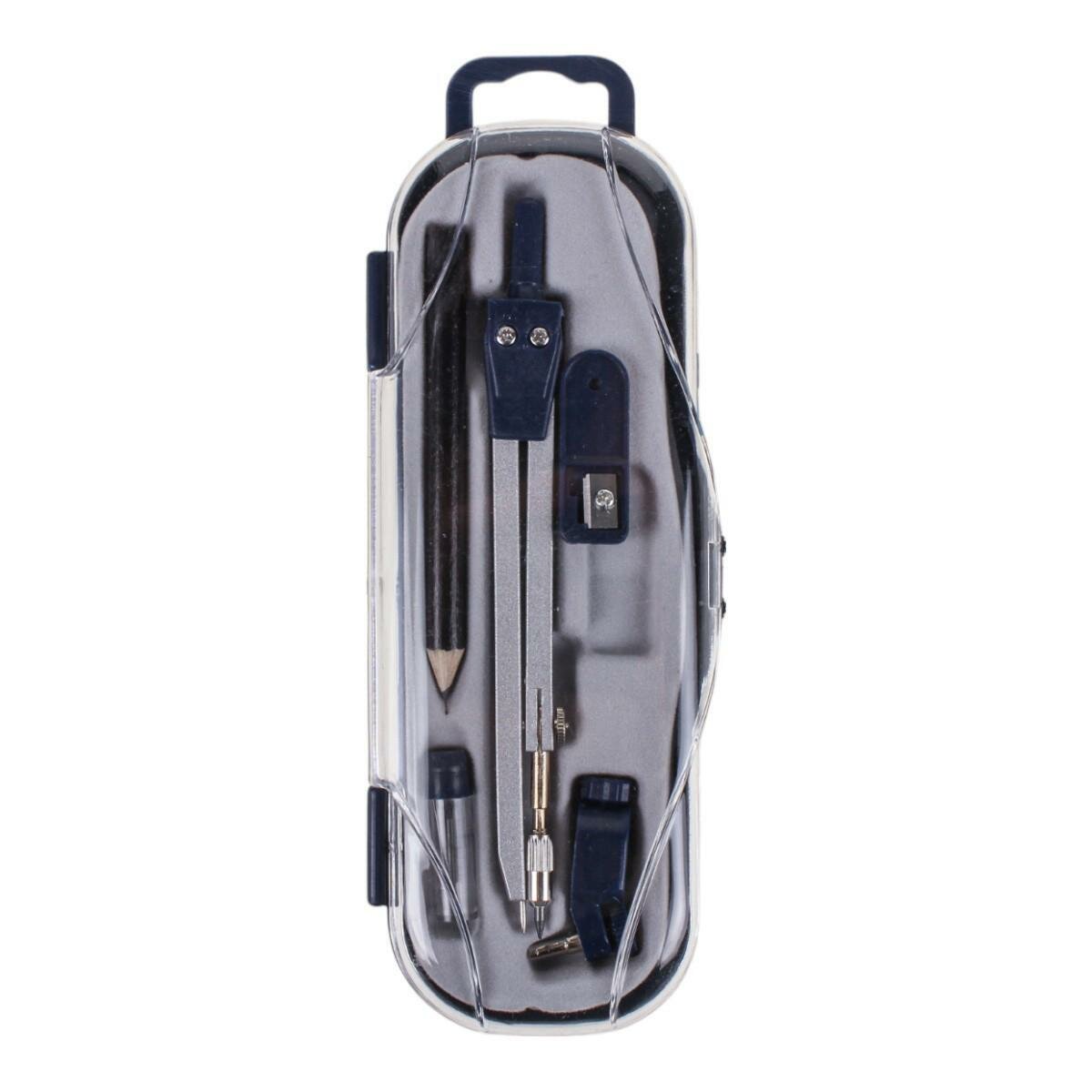 Циркуль металлический 2-в-1 с футляром, регулируемый, серебристый, комплект: стержни, насадка под карандаш, точилка