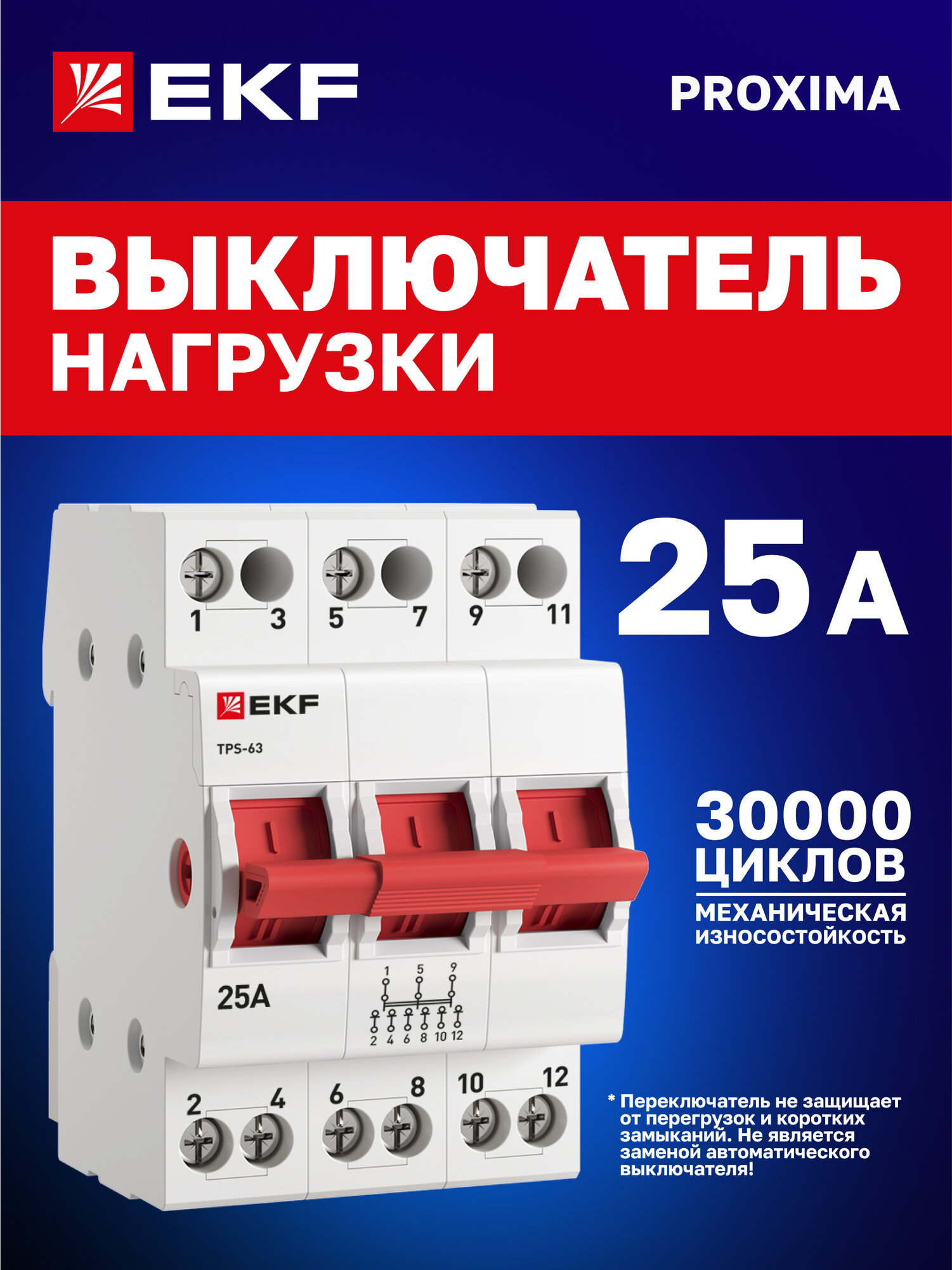 Трехпозиционный переключатель 25А EKF PROXIMA ТПС-63 трехполюсный 3P модульный - реверсивный рубильник для ввода резерва