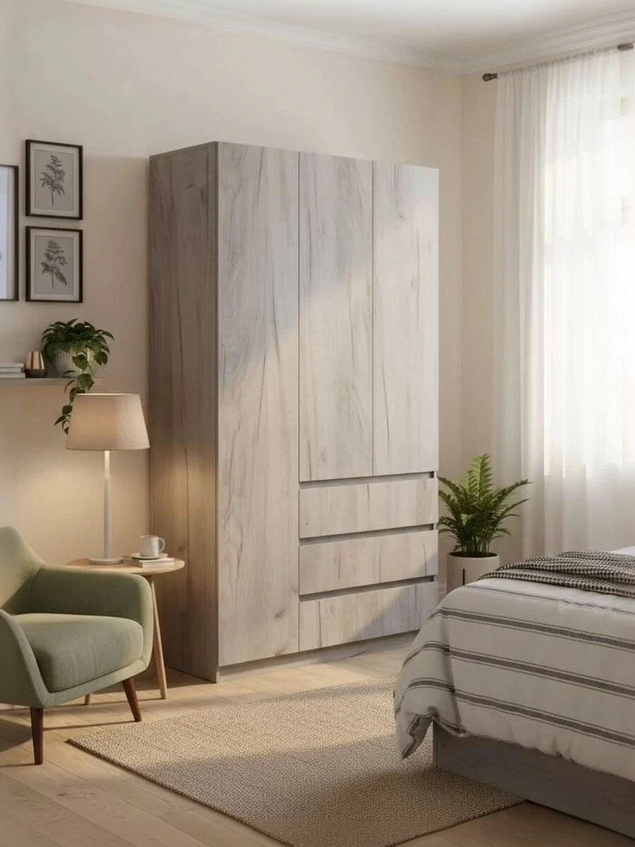 Шкаф распашной МС "Соната", ширина 120 см, Цвет Дуб Крафт Серый, трёхдверный, с полками, со штангой, с ящиками