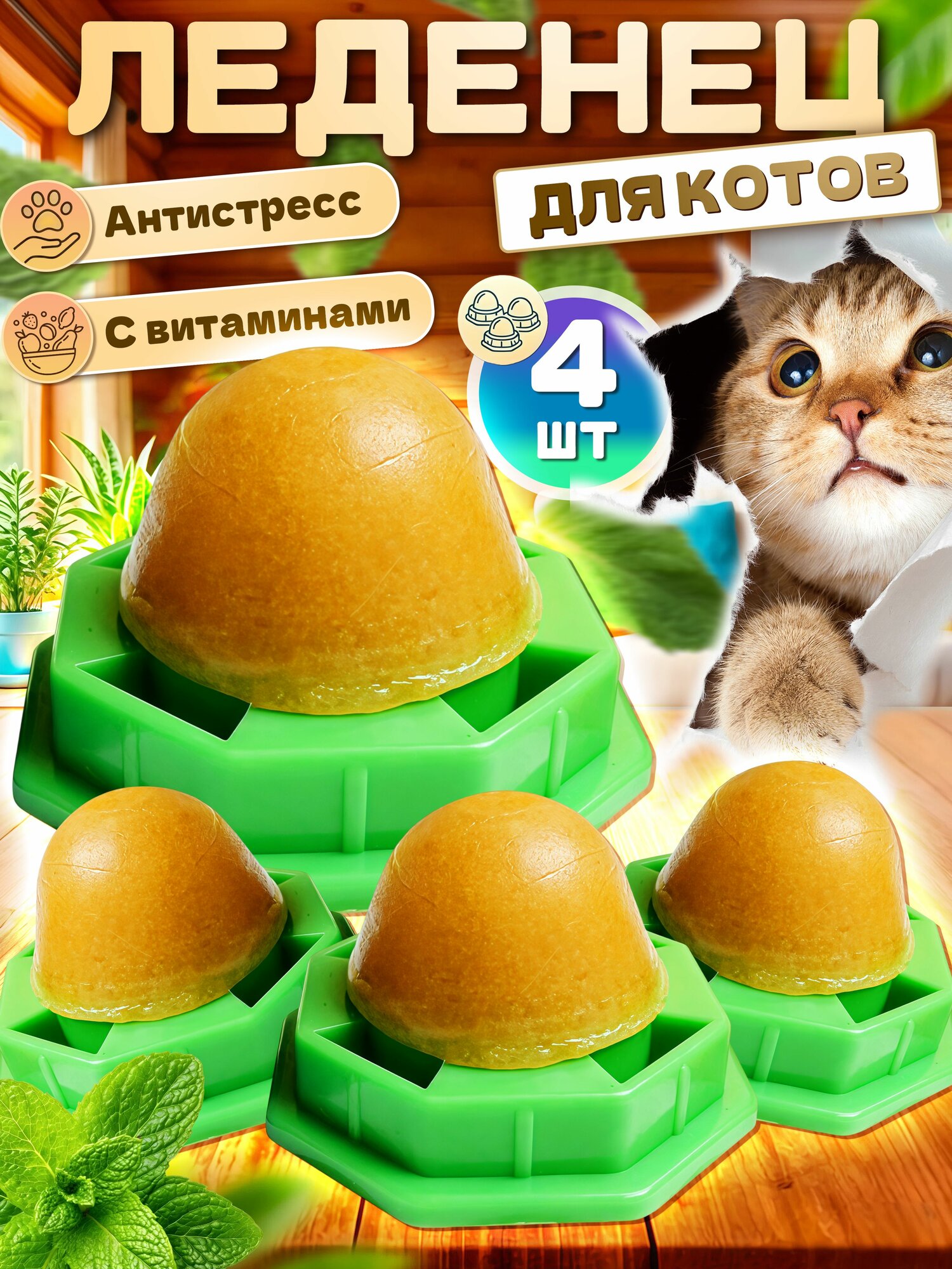 Леденец для кошек, шарик с кошачьей мятой,4 шт, вкусные игрушечные мячики с курицей и витаминами для кошек