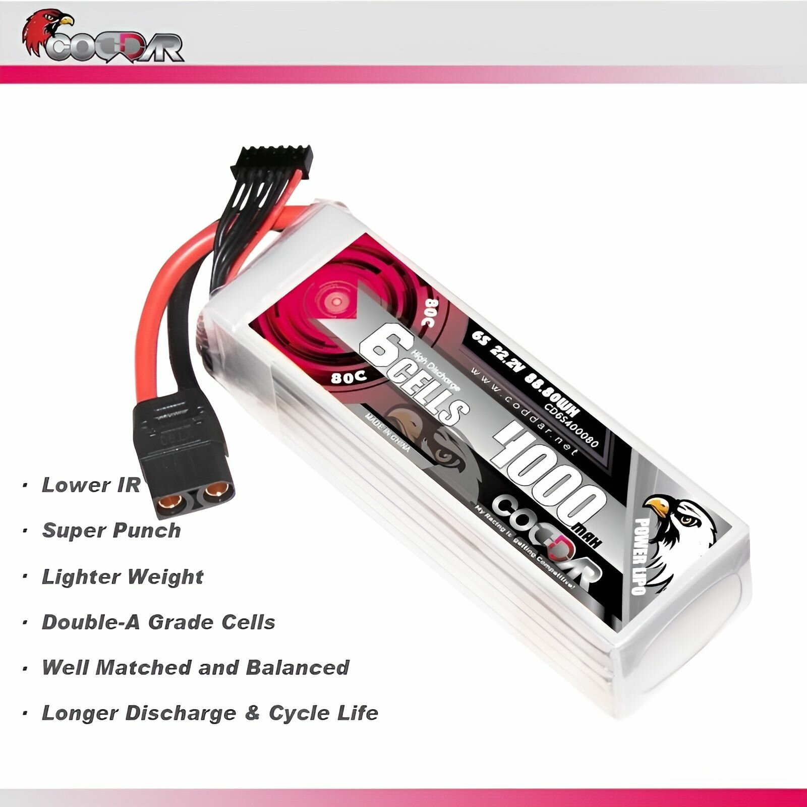 Аккумулятор Li-PO CODDAR 4000 MAH 22.2V (6s) 80C, XT60 для радиоуправляемых RC и FPV моделей, дронов