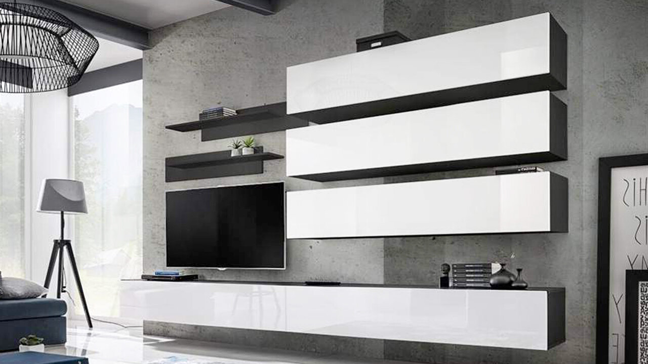 Гостиная 4 МДФ Белый DM635-6 / Черный 0190 NEW 320x40x180 см, белый, черный Фиеста