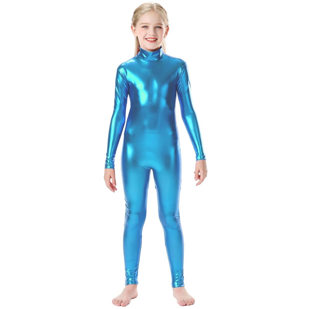 OVIGILY Детский блестящий металлический комбинезон для танцев Синий, XL, sky blue