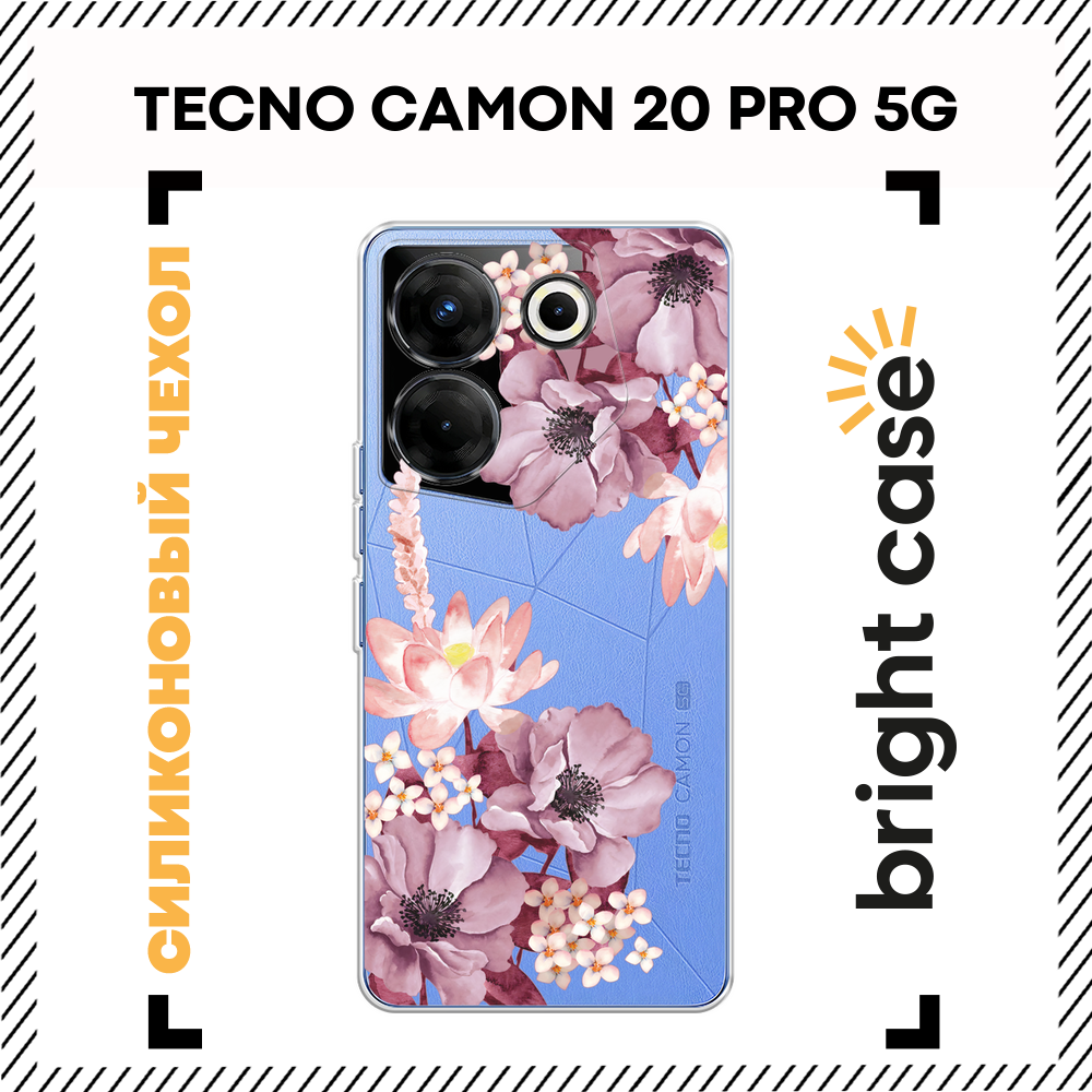 Чехол на Tecno Camon 20 Pro 5G / Текно Камон 20 Про 5G с принтом Розовые анемоны, прозрачный