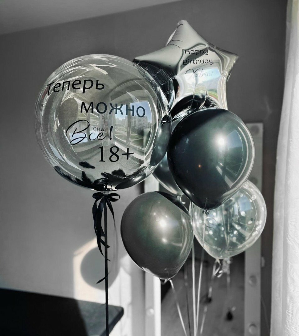 Шарики на 18 лет "Теперь можно все 18+" с прозрачным шаром с перьями