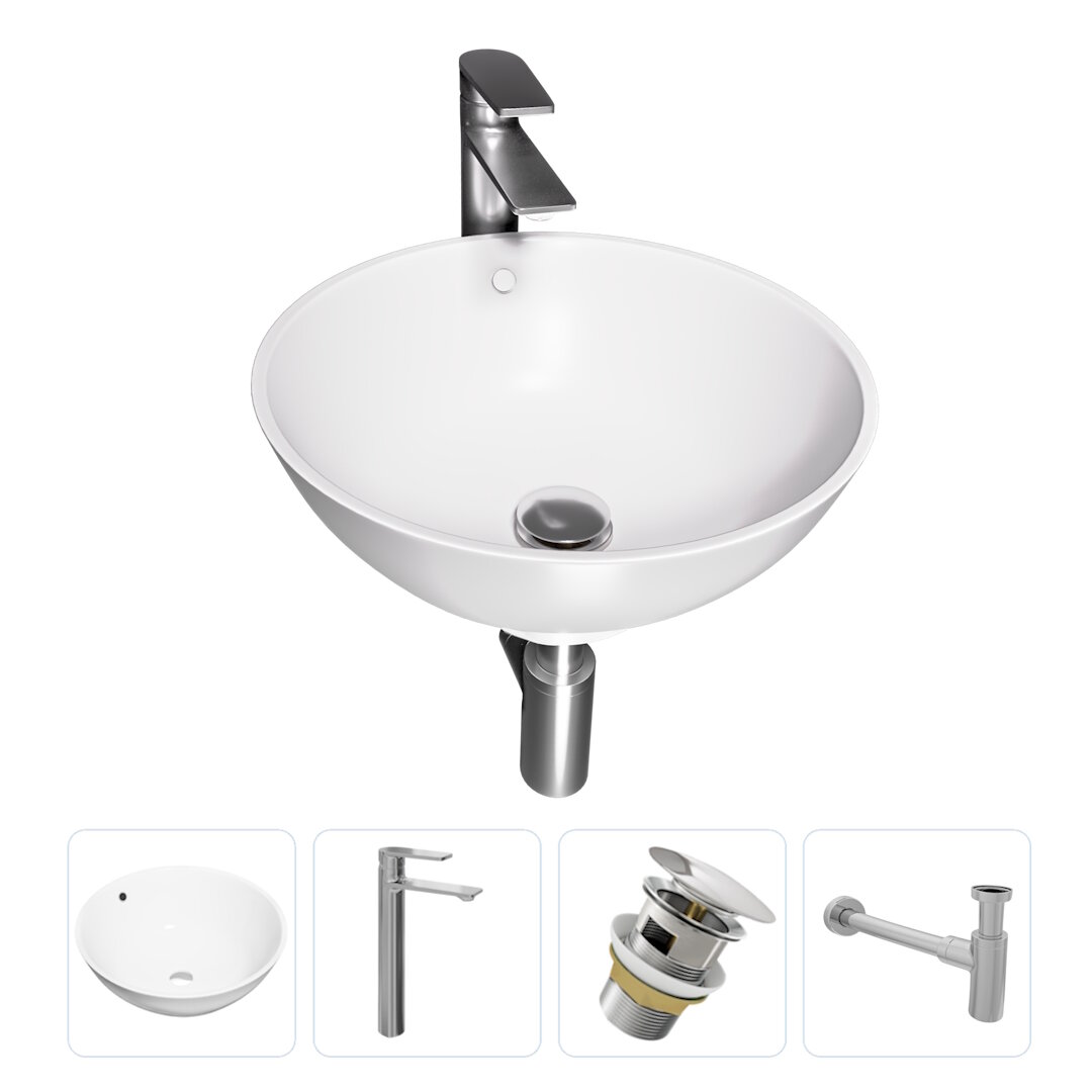 Раковина накладная для ванной Teymi Lina kuppi D40 в комплекте смеситель высокий хром донный клапан клик-клак с переливом хром и сифон хром F13080