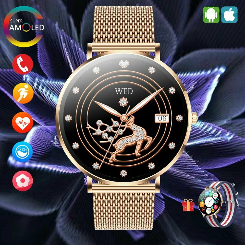 Смарт часы женские круглые , умные часы наручные с функцией звонка для IOS, Android, электронные сенсорные, фитнес трекер,