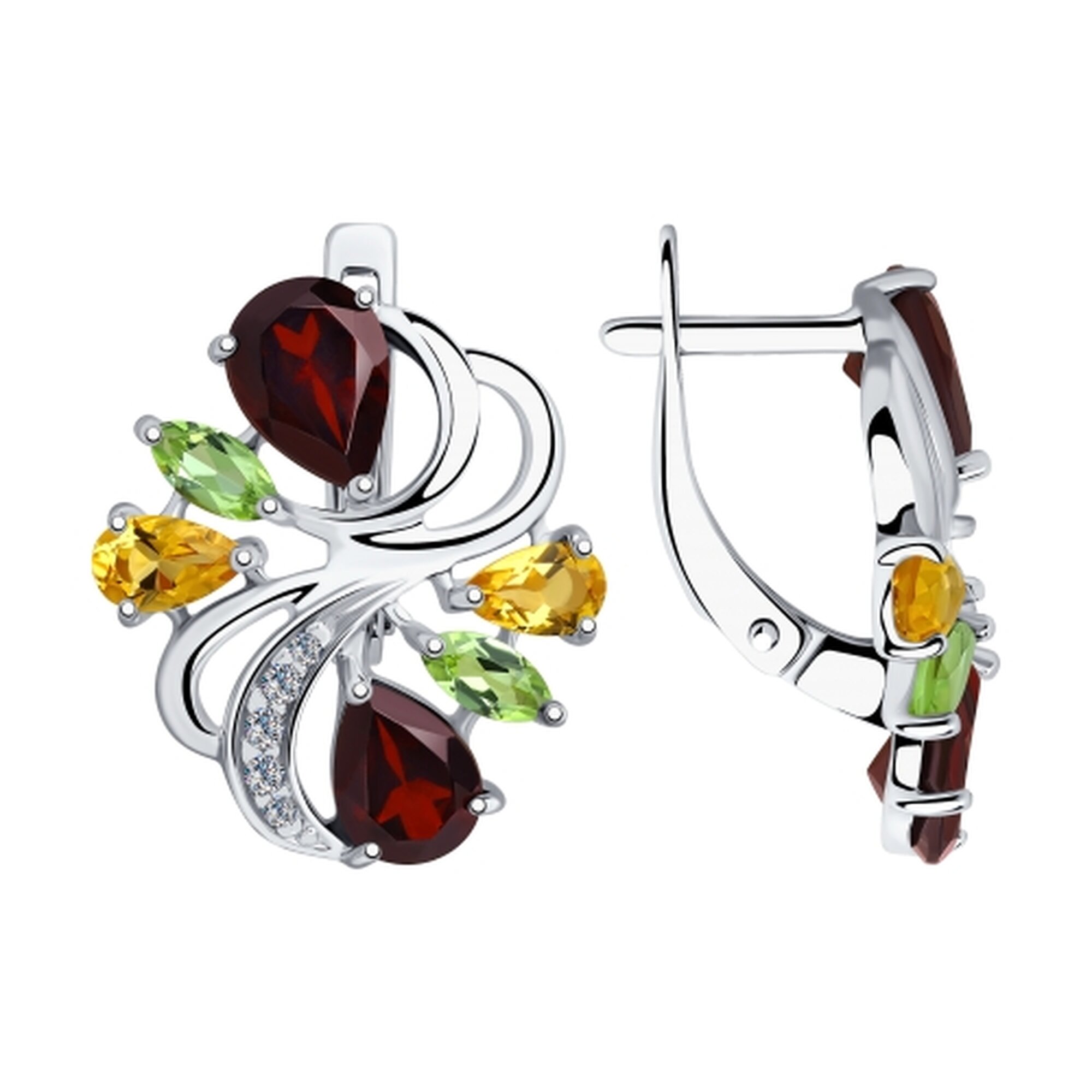 Серьги, серебро, 925 проба, родирование, цитрин, гранат, хризолит, фианит