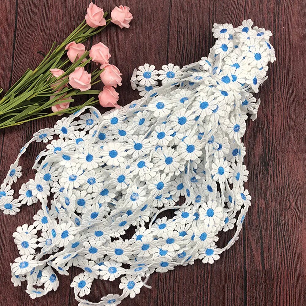 Кружевная лента белая с цветами, 2 Yard, daisy lace lake blue