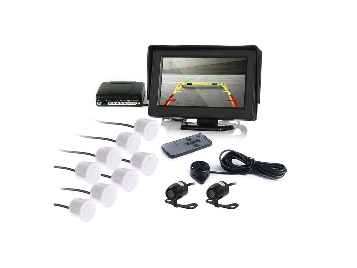 Master Park (WHITE) 041-8(P) (с белыми датчиками) комплект парктроников с двумя камерами, восемью датчиками и монитором 4.3 дюйма. Камера заднего вида