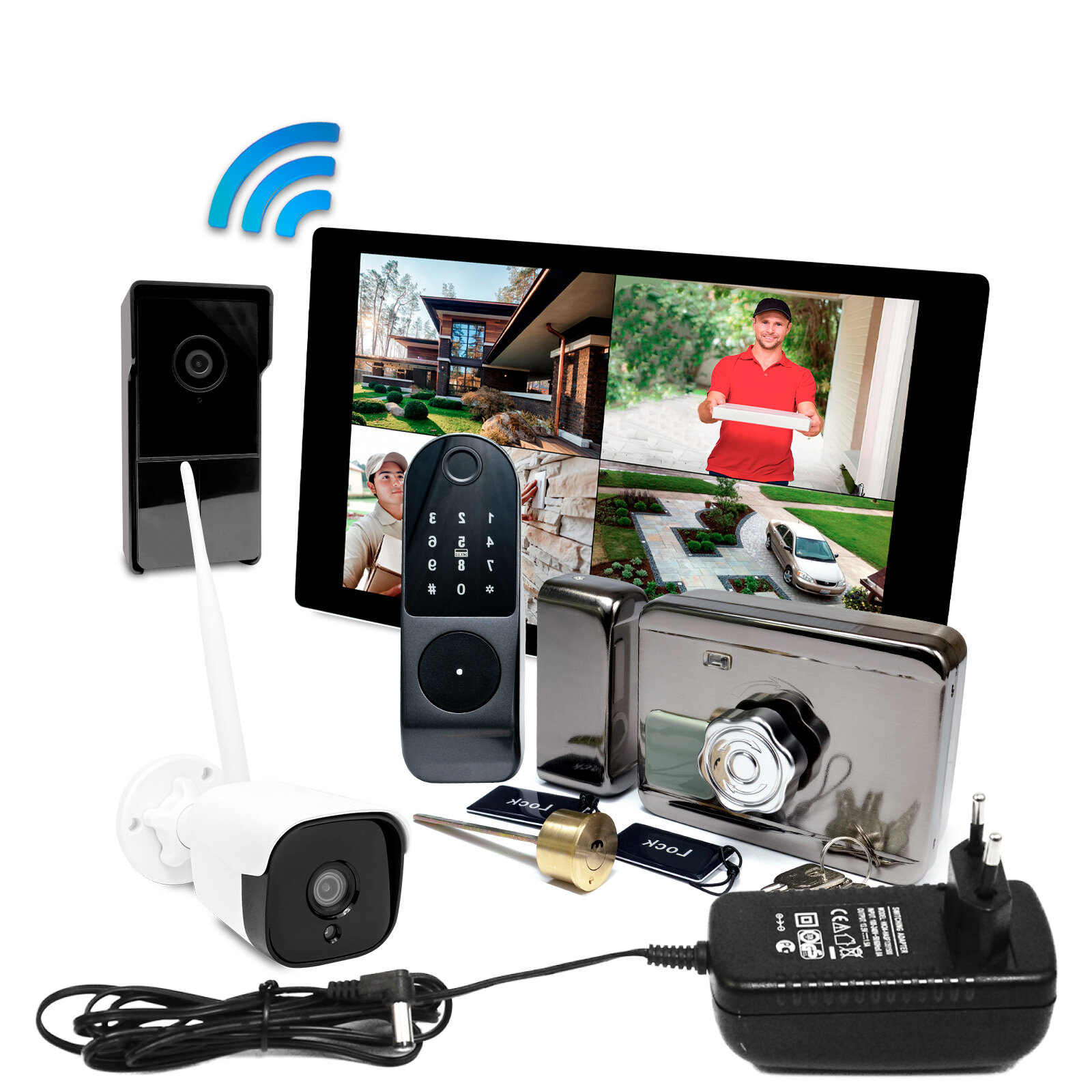 Wi-Fi видеодомофон TUYA с камерой и биометрическим замком - Sky-Net 1000 (1+1+SL-812) (E2025EU): HD монитор 10 дюймов, вызывная панель, замок и камер