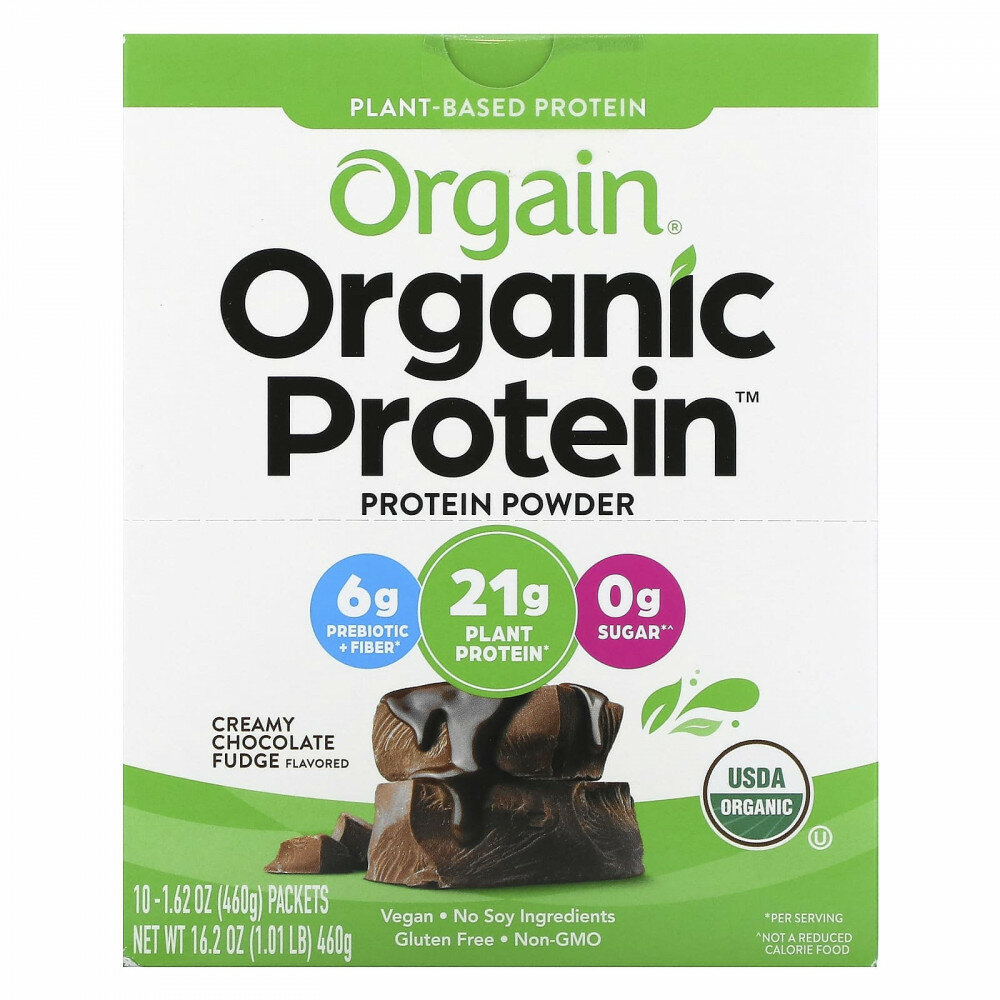 Orgain, Organic Protein™, порошок из растительных ингредиентов, шоколадная помадка, 10 пакетиков по 46 г (1,62 унции)