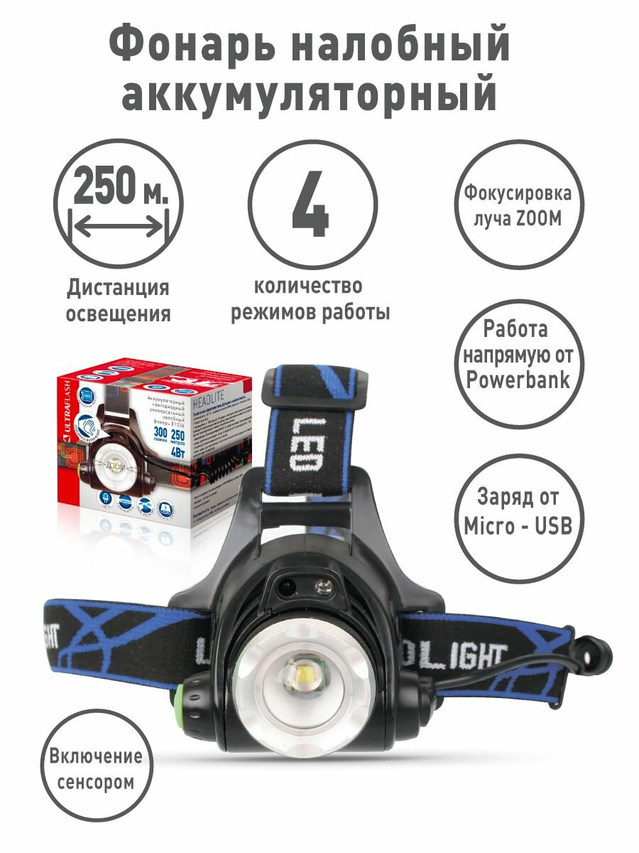 Фонарь налобный Ultraflash 2 аккумулятора 18650 2св/д 4W(300lm) 250 м, фокус, 4 режима металл синий