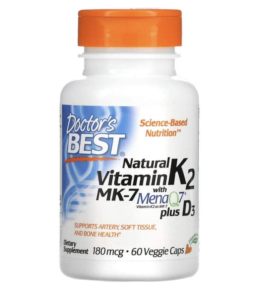 Doctor's Best Natural Vitamin K-2 MK-7 with MenaQ7 plus D-3, Витамин K-2 MK-7 180 мкг + Витамин Д-3 25 мкг 60 капсул