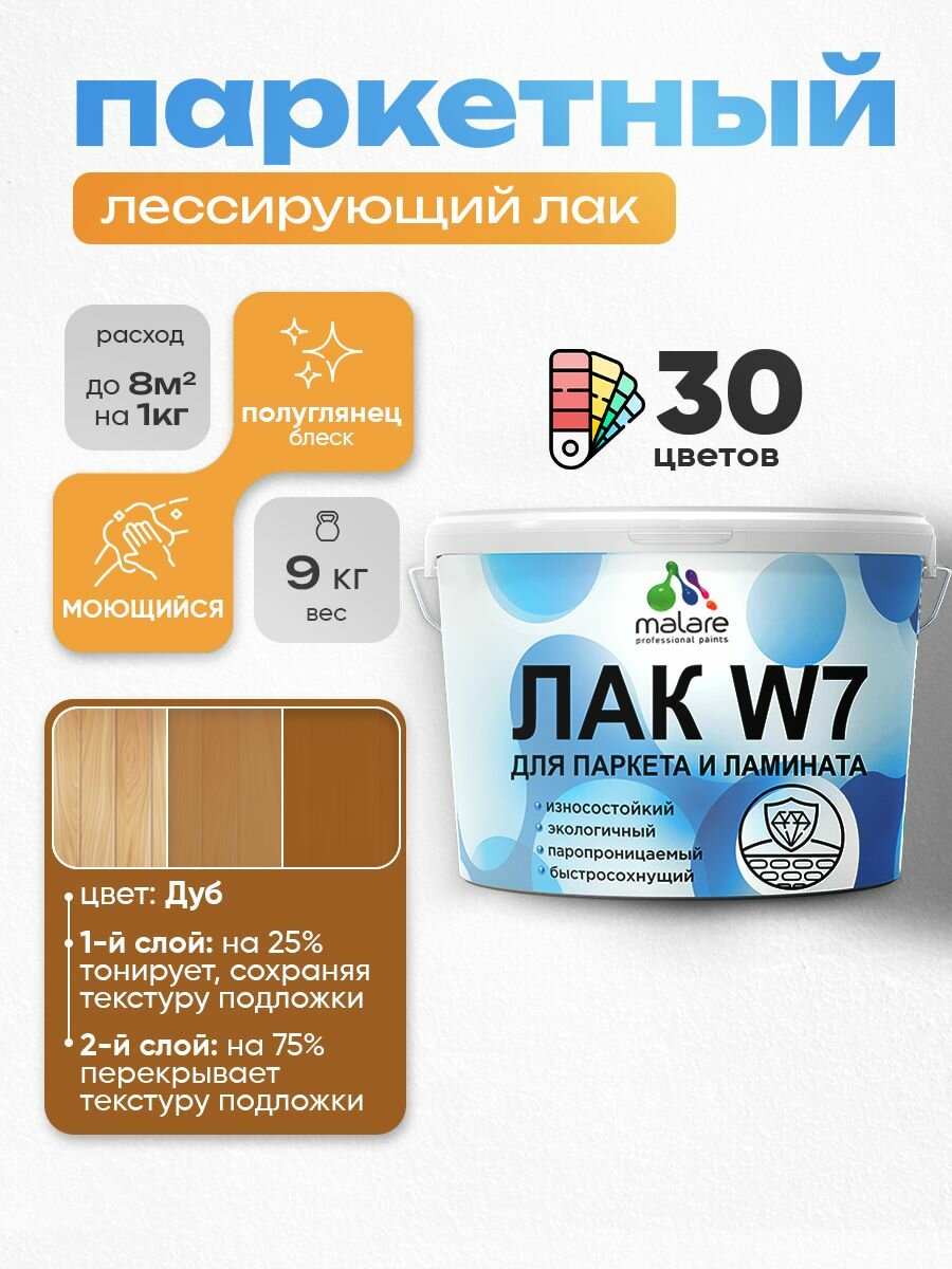 Лак колерованный тонирующий для паркета и ламината Malare W7 для дерева и минеральных поверхностей, износостойкий, водный без запаха, полуглянцевый, дуб, 9 кг.
