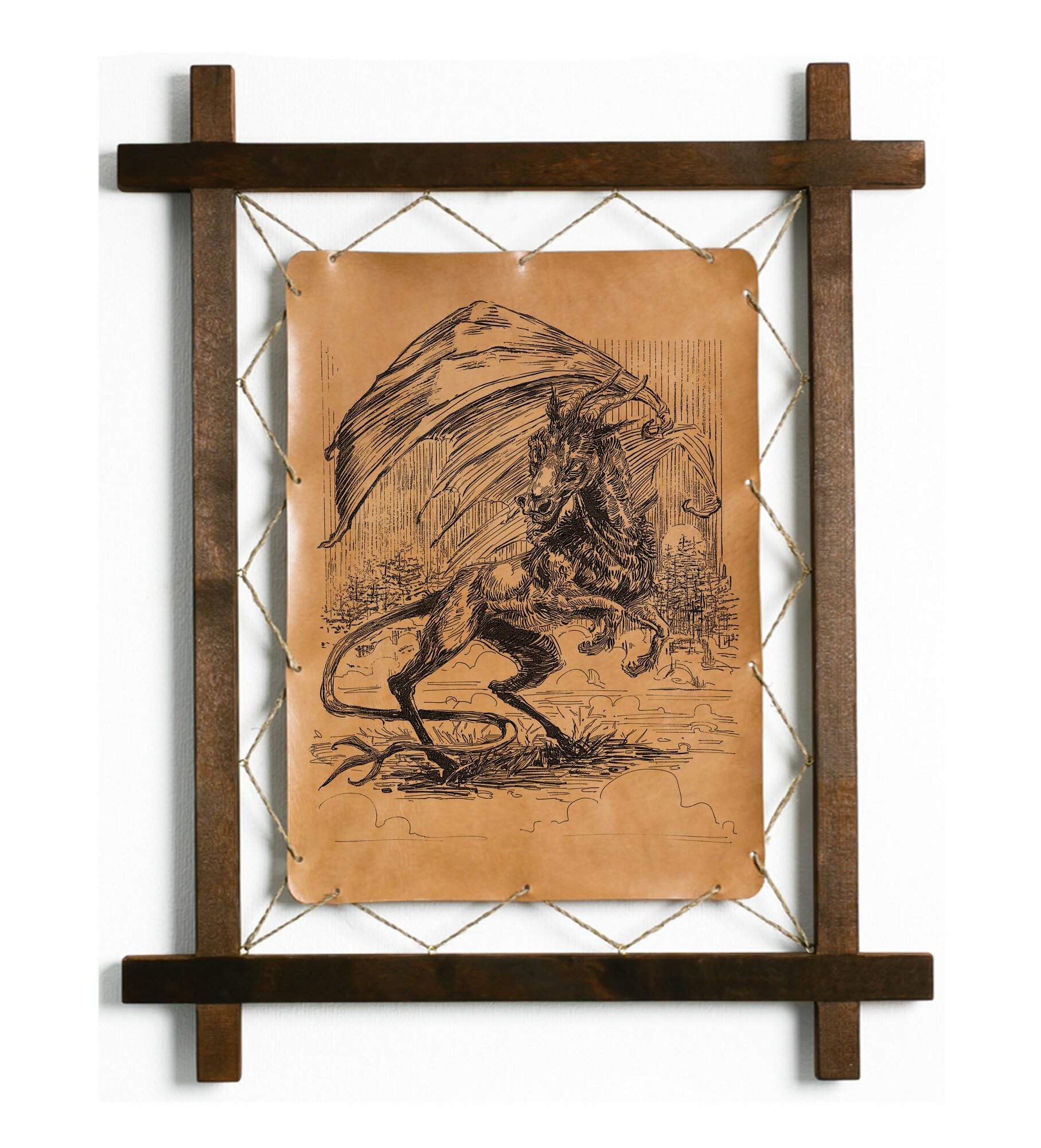 Картина "Дьявол из Джерси", гравировка на натуральной коже, интерьерная для украшения и декора на стену в деревянной раме, подарок, BoomGift