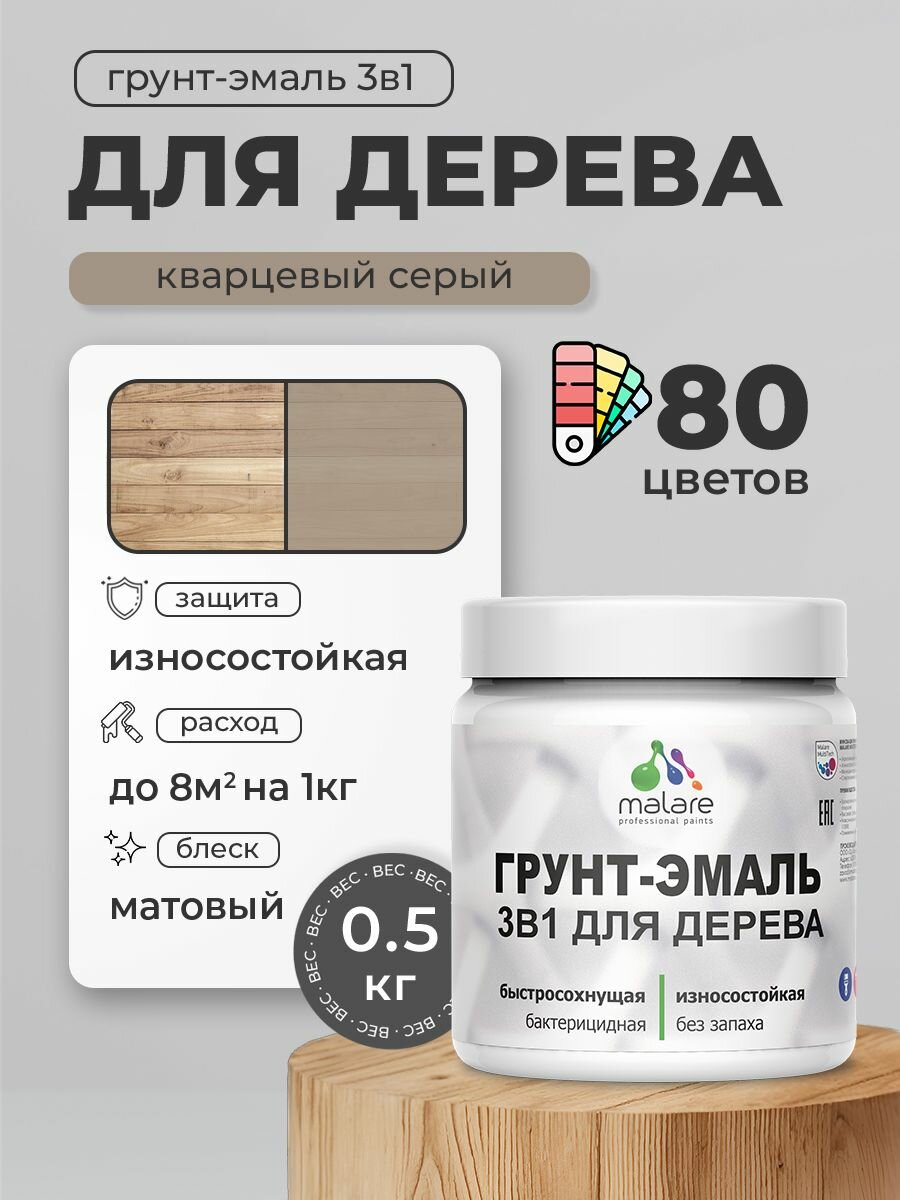 Акриловая Грунт-Эмаль 3 в 1 Malare для деревянных поверхностей/ краска по дереву с антисептическим эффектом/ быстросохнущая моющаяся без запаха матовая, кварцевый серый, 0.5 кг