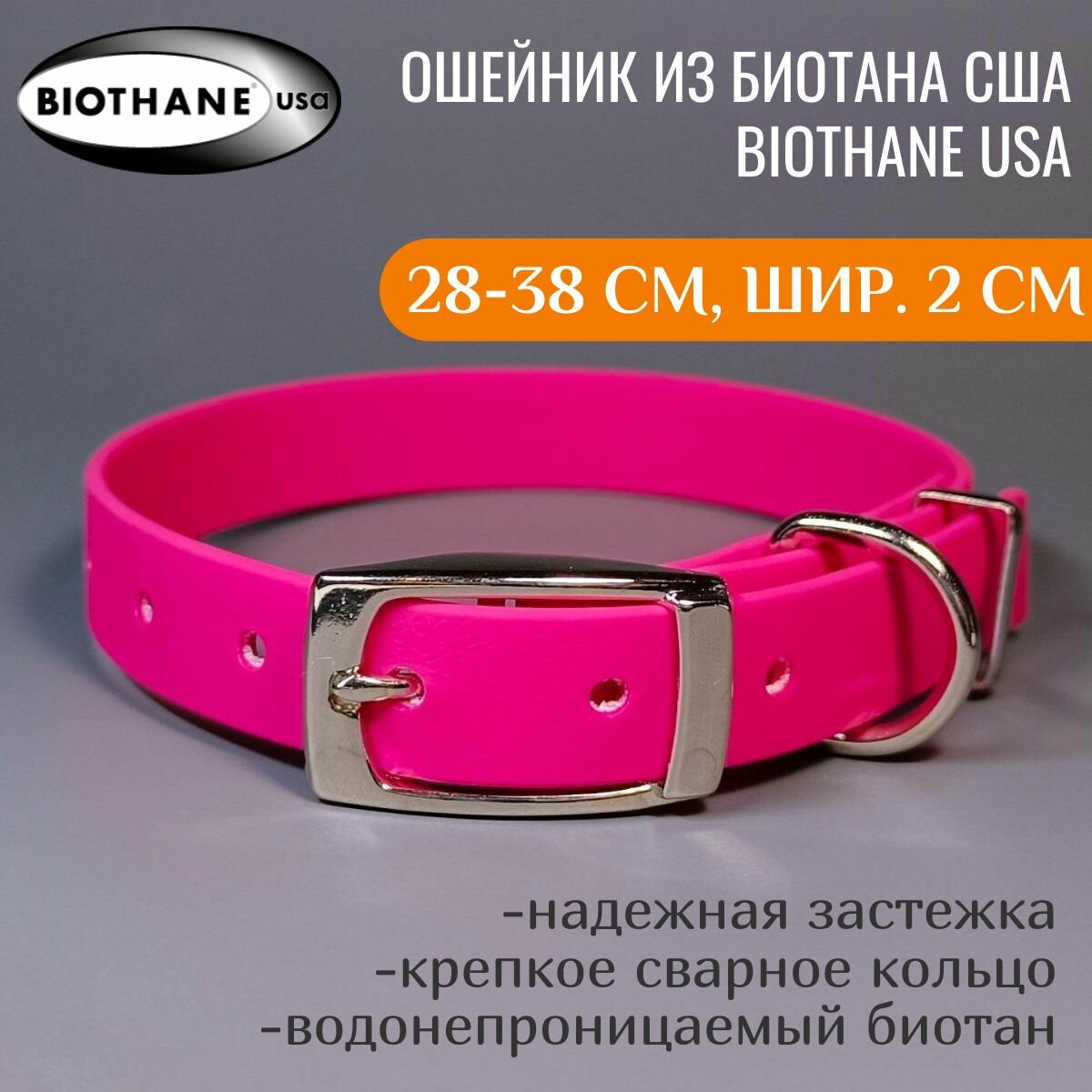 R-Dog Ошейник из биотана (Biothane USA), металлическая пряжка, цвет фуксия, длина 28-38 см, ширина 2 см