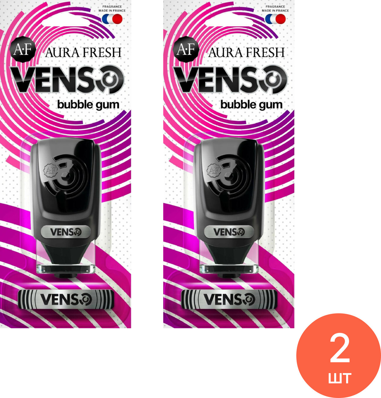 Ароматизатор автомобильный Aura Fresh / Аура Фреш Venso Bubble Gum на дефлектор, аромат бабл-гам, 6мл / автотовары (комплект из 2 шт)
