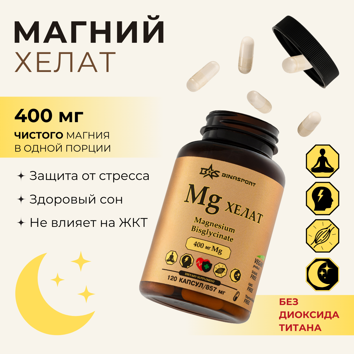 Пищевая добавка Binasport Mg хелат (бисглицинат) 120 капсул по 857 мг