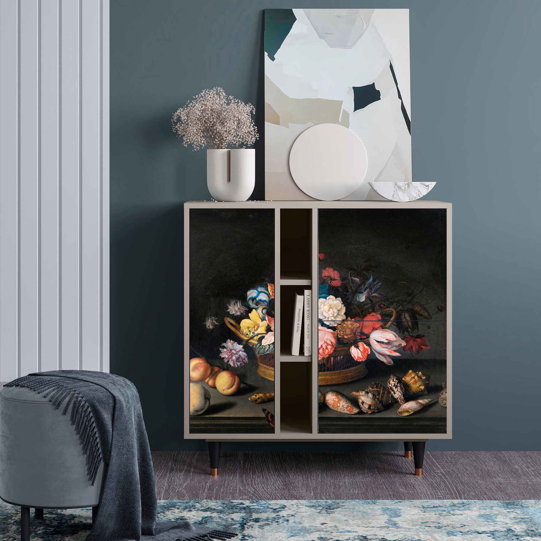 Комод - STORYZ - BS5 Still Life with Flowers and Shells by Balthasar van der Ast , Размер - 94 x 96 x 41 см, Цвет корпуса - , Сатин