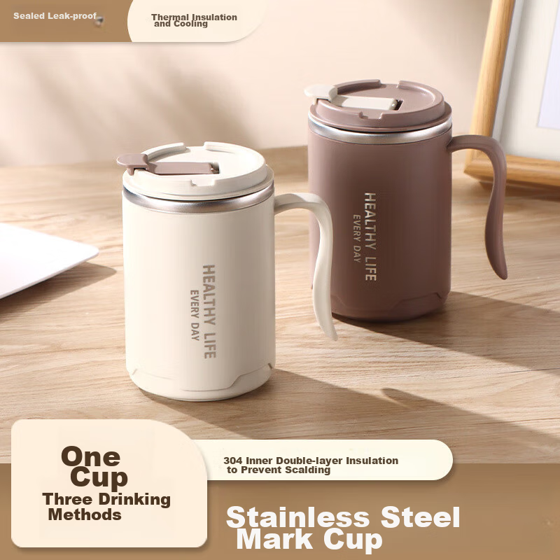 PINYU 304 Stainless Steel Water Cup, Mug, Coffee Cup with Lid, Double-Layer Insulated for Home And Office Use, Beige