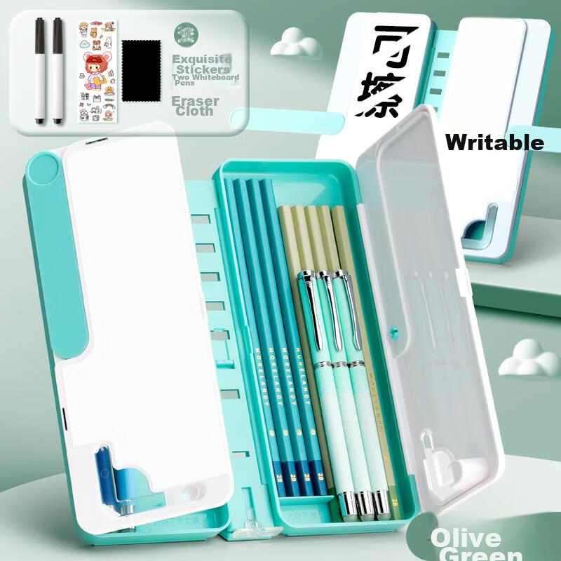 [Back to School Essentials] Shaonianban Multifunctional Stationery Box, Boys' Reading Bookshelf, Pencil Case, Children's Student Pencil Pouch, Girls' High-Tech Double-Layer Storage Organizer, Green