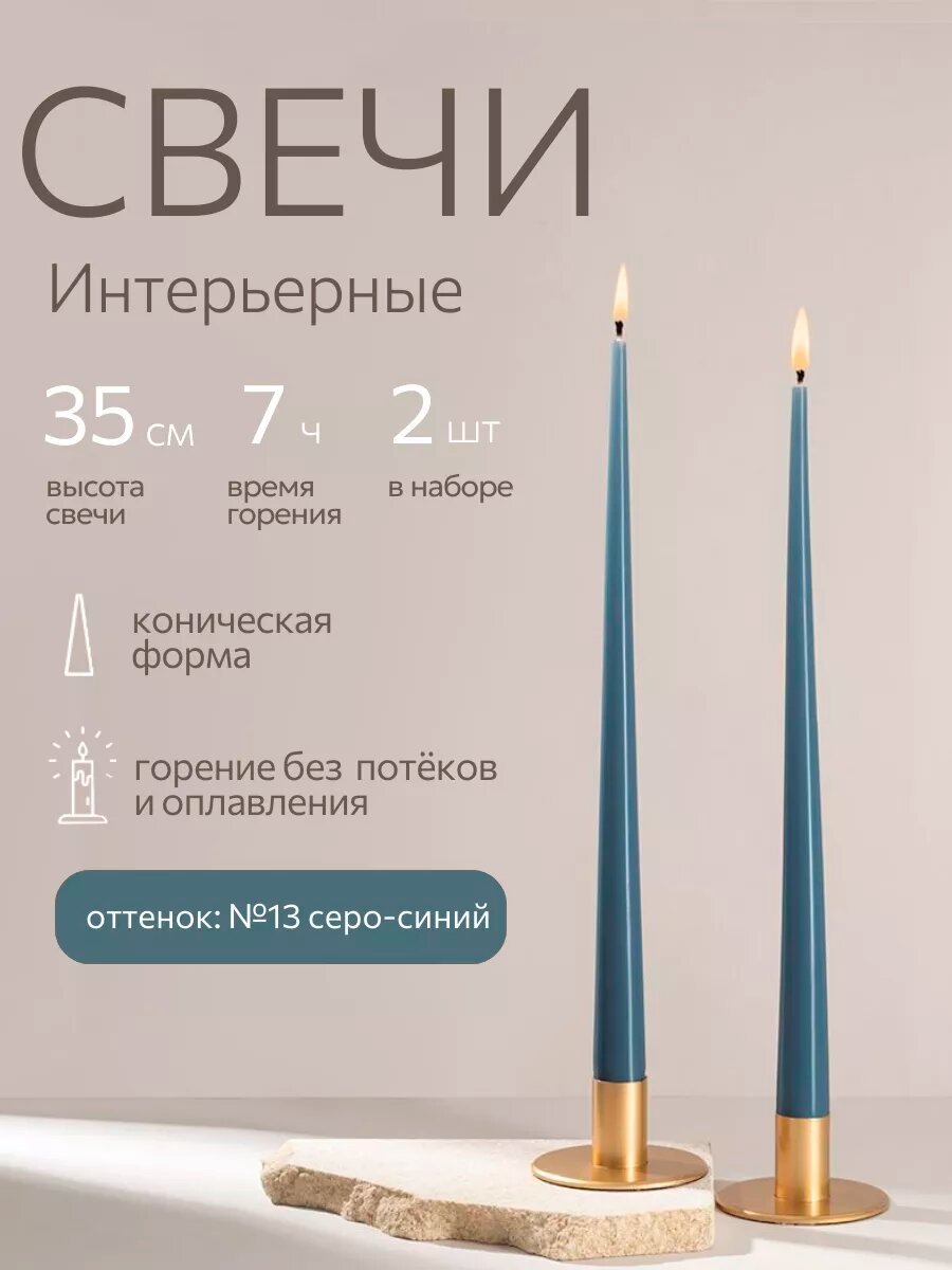 Свечи конические Alde восковые длинные интерьерные набор 2 шт 35 см серо-синие