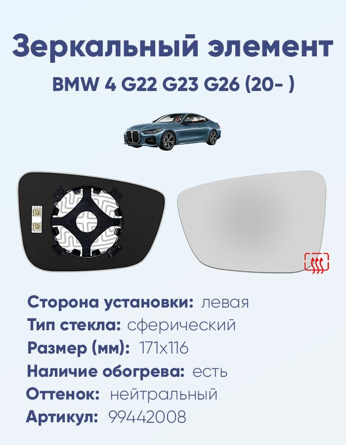 Зеркальный элемент левый BMW 4 G22 G23 G26 (20- ) сфера нейтральный с обогревом