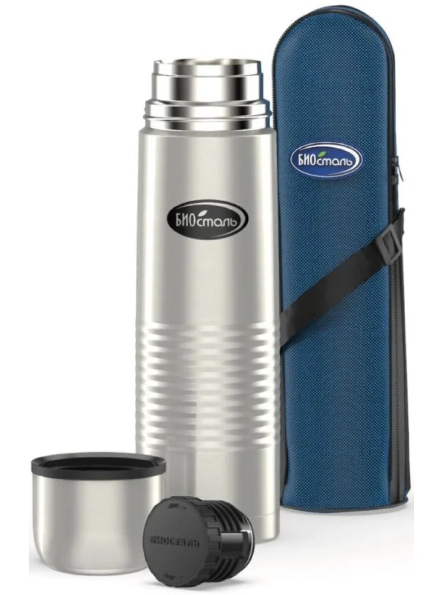 Термос Biostal NB-500B, 0,5 л, с чехлом, непроливайка, крышка-чашка, серебристый