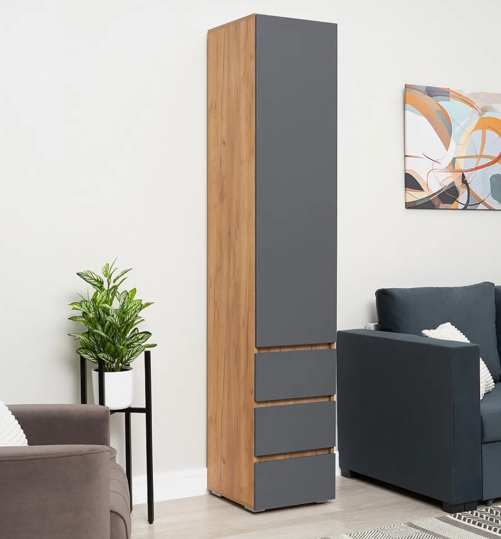 Шкаф-пенал Хелен ПН-03 закрытый, 40×210×46 см, серый графит/дуб крафт золото